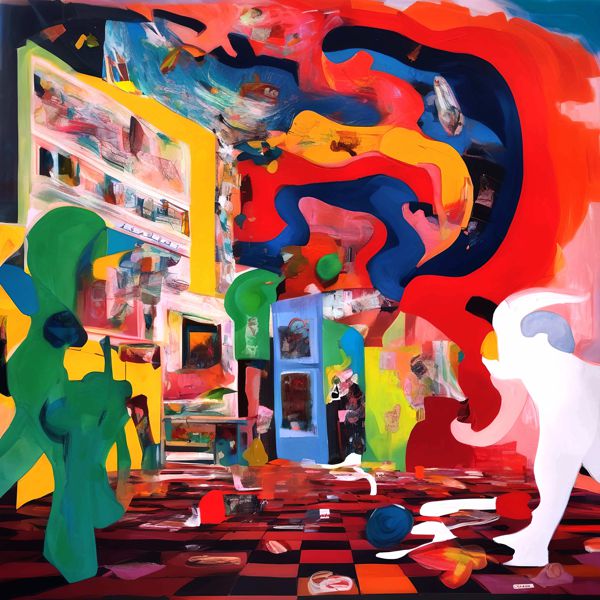 最初の商品画像がポスターの全体図です．2 番めの商品画像として中央部分の拡大図をのせています． 【GPT5/4o による解説】 (正確でない場合がありますので，ご注意ください.) この絵は，抽象表現主義とシュルレアリスムの影響を受けた作品の...