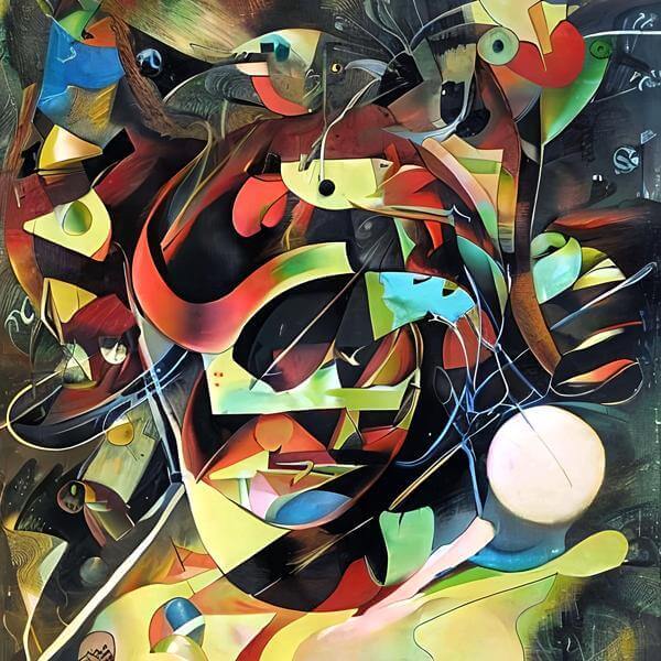 最初の商品画像がポスターの全体図です．2 番めの商品画像として中央部分の拡大図をのせています． 【GPT5/4o による解説】 (正確でない場合がありますので，ご注意ください.) この絵は，抽象表現主義やキュビスムの影響を受けた作品のように...