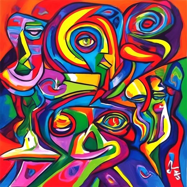 最初の商品画像がポスターの全体図です．2 番めの商品画像として中央部分の拡大図をのせています． 【GPT5/4o による解説】 (正確でない場合がありますので，ご注意ください.) 鮮烈な原色と太い輪郭線で描かれた本作は，複数の顔が重なり合い...