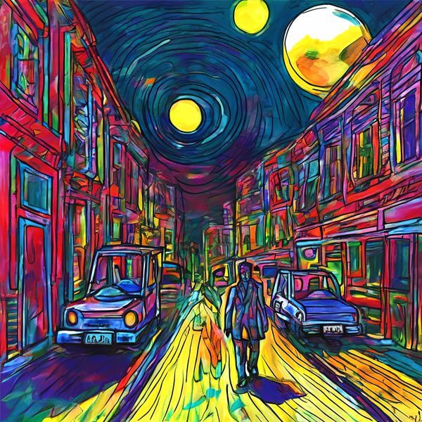 最初の商品画像がポスターの全体図です．2 番めの商品画像として中央部分の拡大図をのせています． 【GPT5/4o による解説】 (正確でない場合がありますので，ご注意ください.) この作品は夜の街路を縦に貫く遠近構図を採り，左右の建物が奥へ...