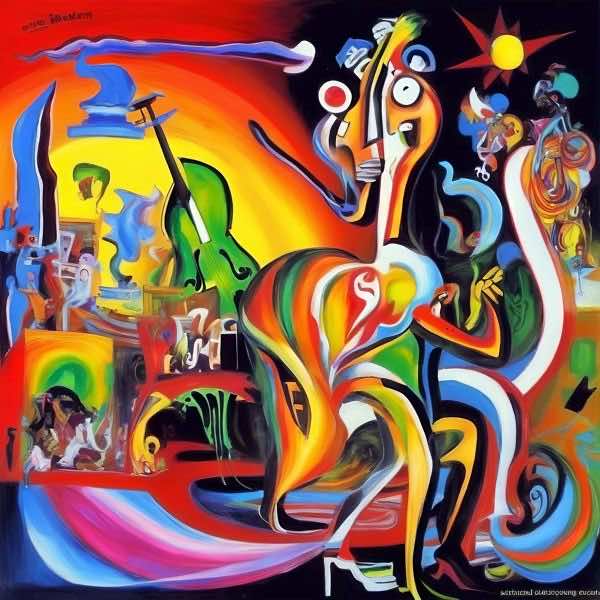 最初の商品画像がポスターの全体図です．2 番めの商品画像として中央部分の拡大図をのせています． 【GPT5/4o による解説】 (正確でない場合がありますので，ご注意ください.) 画面いっぱいに赤や黄，緑が燃えるように広がり，うねる線が人と...