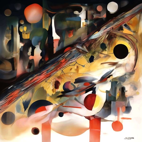 最初の商品画像がポスターの全体図です．2 番めの商品画像として中央部分の拡大図をのせています． 【GPT5/4o による解説】 (正確でない場合がありますので，ご注意ください.) この絵は，抽象表現主義とキュビスムの影響を受けた作品のように...