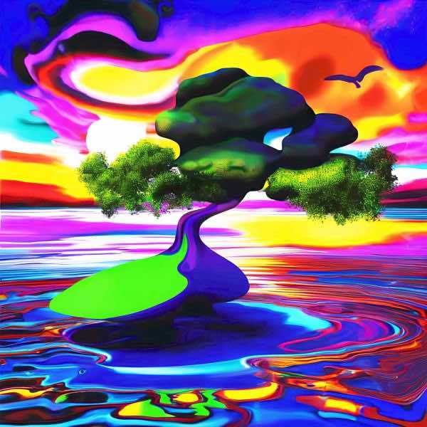 最初の商品画像がポスターの全体図です．2 番めの商品画像として中央部分の拡大図をのせています． 【GPT5/4o による解説】 (正確でない場合がありますので，ご注意ください.) この絵は，サイケデリックアートの影響を強く受けているように見...