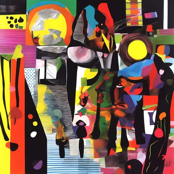 最初の商品画像がポスターの全体図です．2 番めの商品画像として中央部分の拡大図をのせています． 【GPT5/4o による解説】 (正確でない場合がありますので，ご注意ください.) 鮮やかな原色と深い黒が交互に配置され，円や縞，断片化された有...