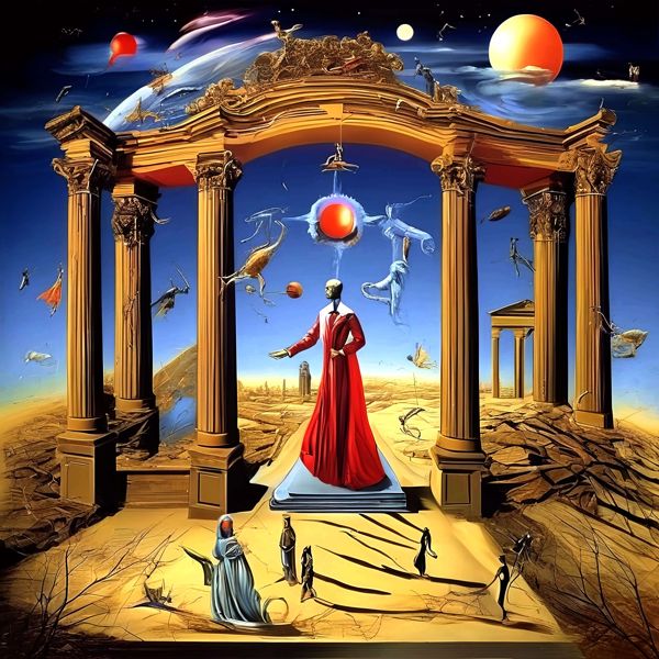 最初の商品画像がポスターの全体図です．2 番めの商品画像として中央部分の拡大図をのせています． 【GPT5/4o による解説】 (正確でない場合がありますので，ご注意ください.) 古代の柱廊を背景に赤いローブの人物が中央に立ち，宙に浮かぶ惑...