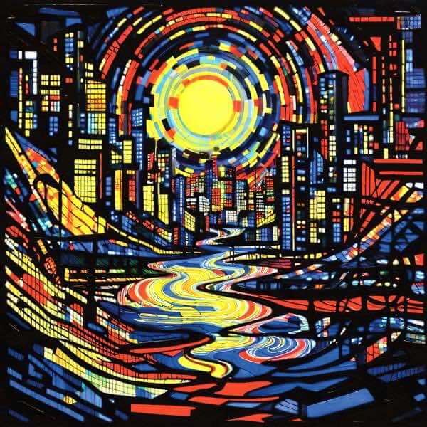 最初の商品画像がポスターの全体図です．2 番めの商品画像として中央部分の拡大図をのせています． 【GPT5/4o による解説】 (正確でない場合がありますので，ご注意ください.) この絵は，ステンドグラスのような色彩と幾何学的なパターンが特...