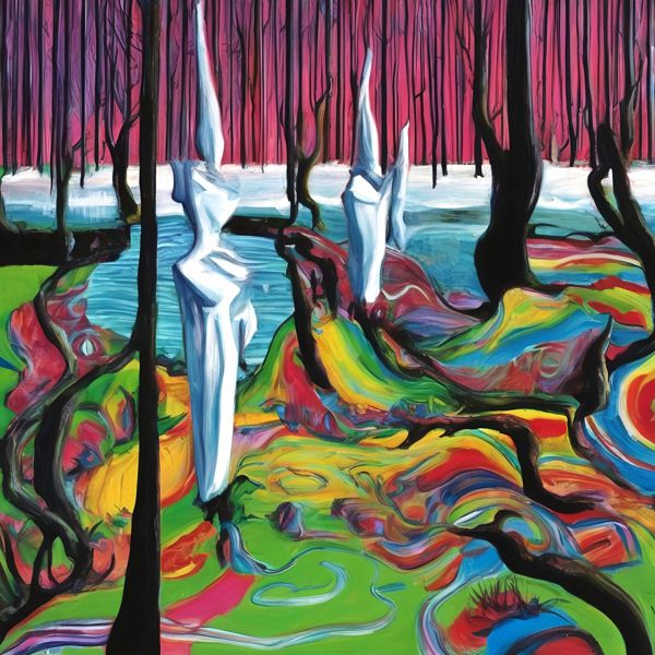 最初の商品画像がポスターの全体図です．2 番めの商品画像として中央部分の拡大図をのせています． 【GPT5/4o による解説】 (正確でない場合がありますので，ご注意ください.) この絵は，黒く縦に伸びる樹幹が画面を貫く森の情景に，前景で渦...