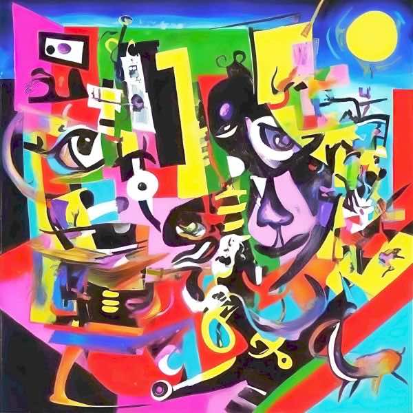 最初の商品画像がポスターの全体図です．2 番めの商品画像として中央部分の拡大図をのせています． 【GPT5/4o による解説】 (正確でない場合がありますので，ご注意ください.) この絵は，強い色と形がぶつかり合う抽象的な肖像画です． 蛍光...