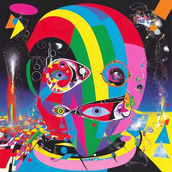 最初の商品画像がポスターの全体図です．2 番めの商品画像として中央部分の拡大図をのせています． 【GPT5/4o による解説】 (正確でない場合がありますので，ご注意ください.) この絵は，顔の形をもとに，強い色の帯や三角，円が何層にも重な...