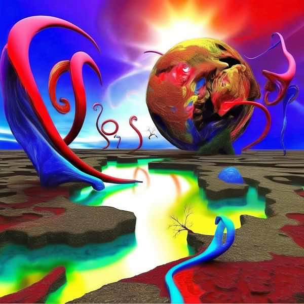 最初の商品画像がポスターの全体図です．2 番めの商品画像として中央部分の拡大図をのせています． 【GPT5/4o による解説】 (正確でない場合がありますので，ご注意ください.) この絵は，シュルレアリスムとサイケデリックアートの影響を受け...