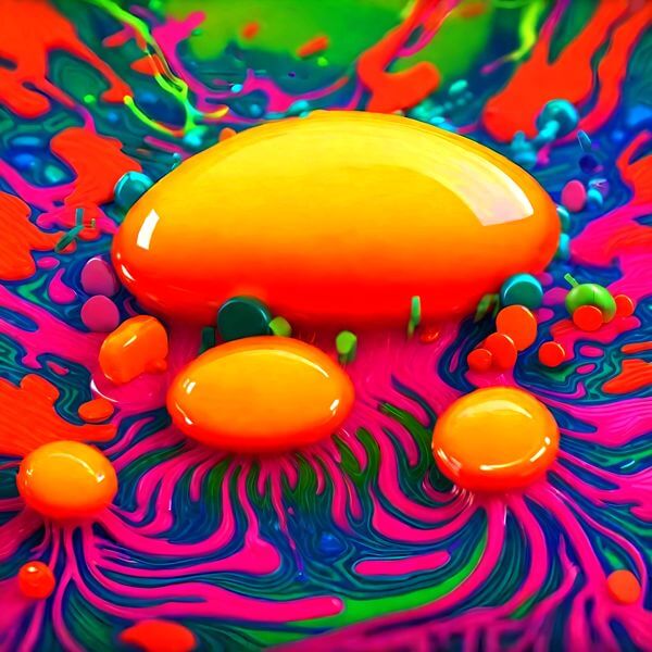 最初の商品画像がポスターの全体図です．2 番めの商品画像として中央部分の拡大図をのせています． 【GPT5/4o による解説】 (正確でない場合がありますので，ご注意ください.) この絵は，鮮やかな色彩と流動的な形状が特徴的で，サイケデリッ...