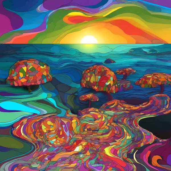 最初の商品画像がポスターの全体図です．2 番めの商品画像として中央部分の拡大図をのせています． 【GPT5/4o による解説】 (正確でない場合がありますので，ご注意ください.) この絵は，鮮やかな色彩と流れるような形状が特徴的で，印象派や...