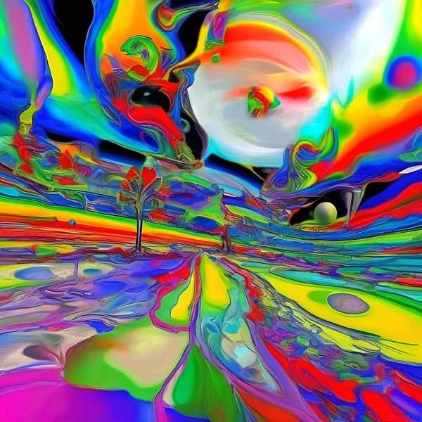 最初の商品画像がポスターの全体図です．2 番めの商品画像として中央部分の拡大図をのせています． 【GPT5/4o による解説】 (正確でない場合がありますので，ご注意ください.) この絵は，虹色の絵の具が溶け合って流れるように広がり，地面も...