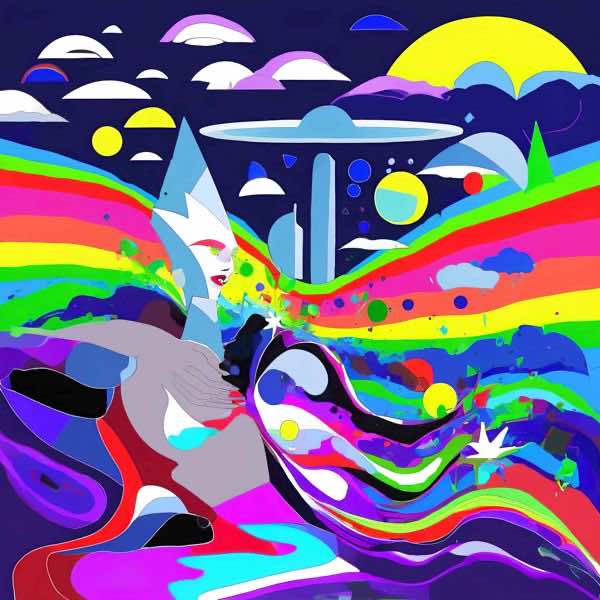 最初の商品画像がポスターの全体図です．2 番めの商品画像として中央部分の拡大図をのせています． 【GPT5/4o による解説】 (正確でない場合がありますので，ご注意ください.) 本作は鮮烈な虹色の帯が画面を横切り，抽象的な人物や惑星，雲が...