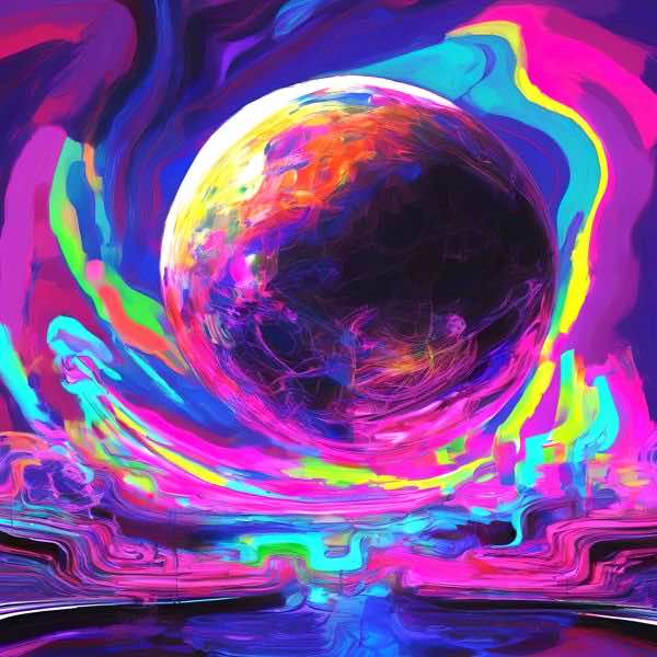 最初の商品画像がポスターの全体図です．2 番めの商品画像として中央部分の拡大図をのせています． 【GPT5/4o による解説】 (正確でない場合がありますので，ご注意ください.) 作品 dyv11bqn は，宇宙的な球体を中心に据えた発光す...