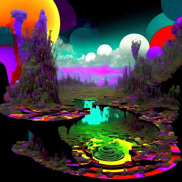 最初の商品画像がポスターの全体図です．2 番めの商品画像として中央部分の拡大図をのせています． 【GPT5/4o による解説】 (正確でない場合がありますので，ご注意ください.) この絵は，見知らぬ惑星の谷を思わせる風景を，まぶしい蛍光色で...