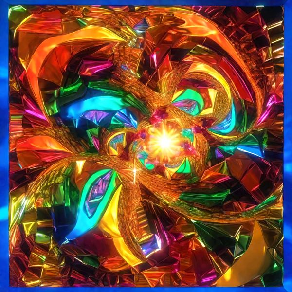 最初の商品画像がポスターの全体図です．2 番めの商品画像として中央部分の拡大図をのせています． 【GPT5/4o による解説】 (正確でない場合がありますので，ご注意ください.) 煌めく金属光沢と強烈な色彩が渦を巻く本作は，中央の光点を起点...