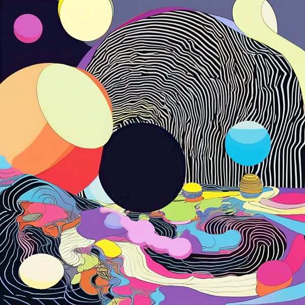 最初の商品画像がポスターの全体図です．2 番めの商品画像として中央部分の拡大図をのせています． 【GPT5/4o による解説】 (正確でない場合がありますので，ご注意ください.) この絵は，サイケデリックアートやオプアートの影響を受けた作品...