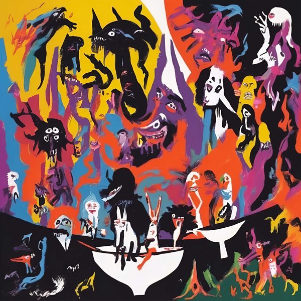 最初の商品画像がポスターの全体図です．2 番めの商品画像として中央部分の拡大図をのせています． 【GPT5/4o による解説】 (正確でない場合がありますので，ご注意ください.) この絵は，色彩の大胆な使用と抽象的な形状が特徴的で，シュルレ...