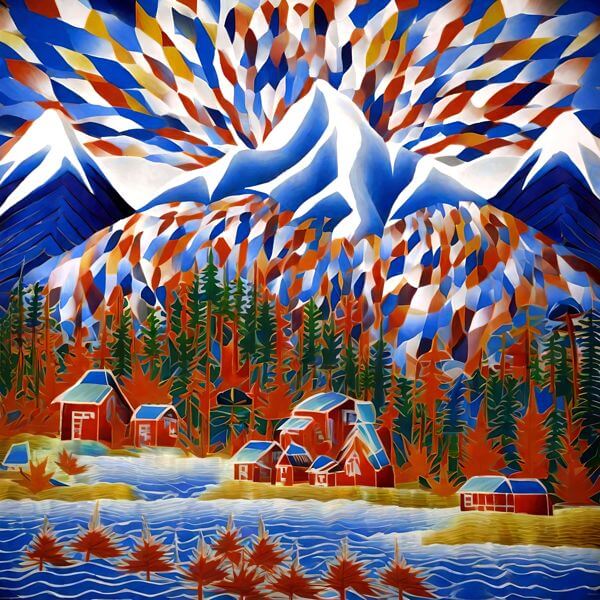 最初の商品画像がポスターの全体図です．2 番めの商品画像として中央部分の拡大図をのせています． 【GPT5/4o による解説】 (正確でない場合がありますので，ご注意ください.) この絵は，山と湖と森の集落を，細かな色の欠片で組み立てた風景...