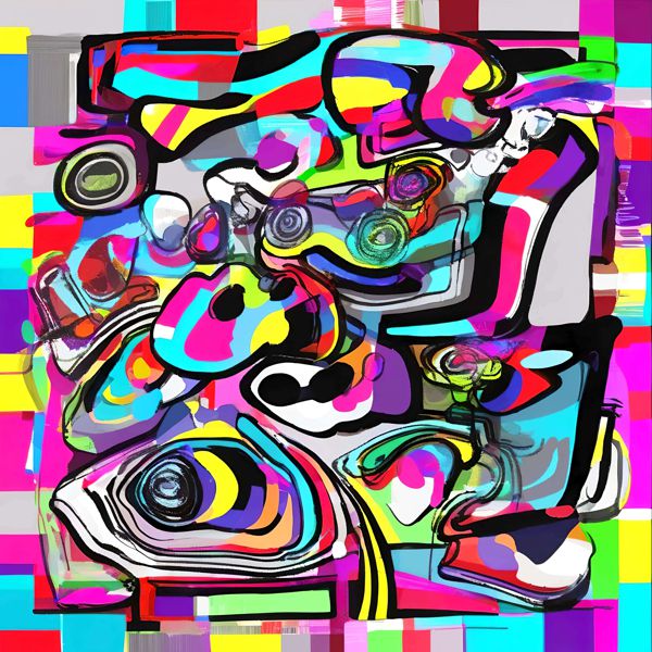 最初の商品画像がポスターの全体図です．2 番めの商品画像として中央部分の拡大図をのせています． 【GPT5/4o による解説】 (正確でない場合がありますので，ご注意ください.) 鮮烈な色彩と太い輪郭線が入り組む本作は，抽象と具象の境界を行...