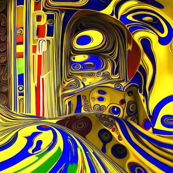 最初の商品画像がポスターの全体図です．2 番めの商品画像として中央部分の拡大図をのせています． 【GPT5/4o による解説】 (正確でない場合がありますので，ご注意ください.) この絵は鮮やかな黄をベースに，青と赤の太い帯や楕円が幾重にも...