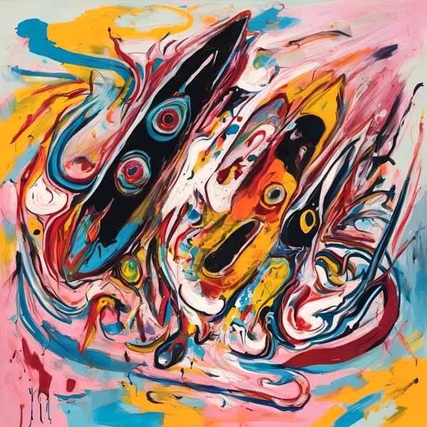 最初の商品画像がポスターの全体図です．2 番めの商品画像として中央部分の拡大図をのせています． 【GPT5/4o による解説】 (正確でない場合がありますので，ご注意ください.) この絵は，ジャクソン・ポロックのような抽象表現主義の影響を受...