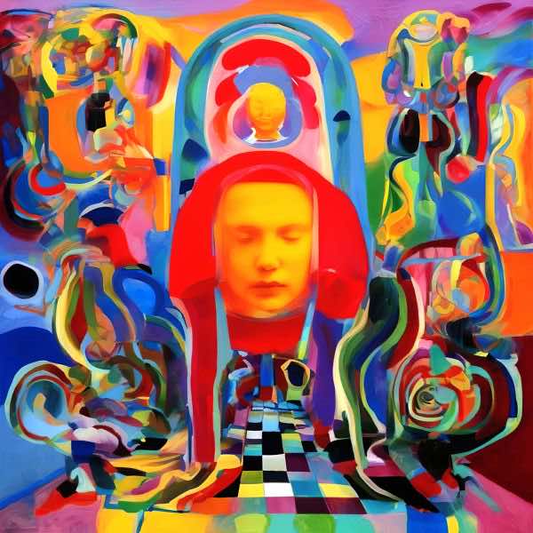 最初の商品画像がポスターの全体図です．2 番めの商品画像として中央部分の拡大図をのせています． 【GPT5/4o による解説】 (正確でない場合がありますので，ご注意ください.) 市松模様の床が遠近に吸い込み，中央の閉眼の顔は赤いフードに包...