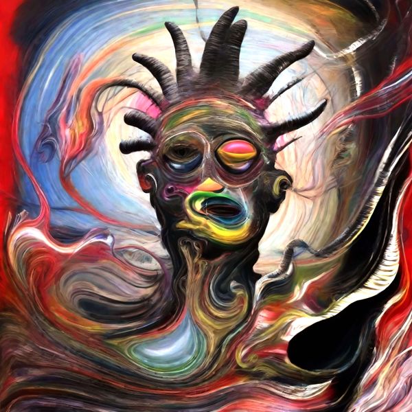 最初の商品画像がポスターの全体図です．2 番めの商品画像として中央部分の拡大図をのせています． 【GPT5/4o による解説】 (正確でない場合がありますので，ご注意ください.) 画面中央に，棘のような髪を立てた仮面風の顔が浮かび，周囲の渦...