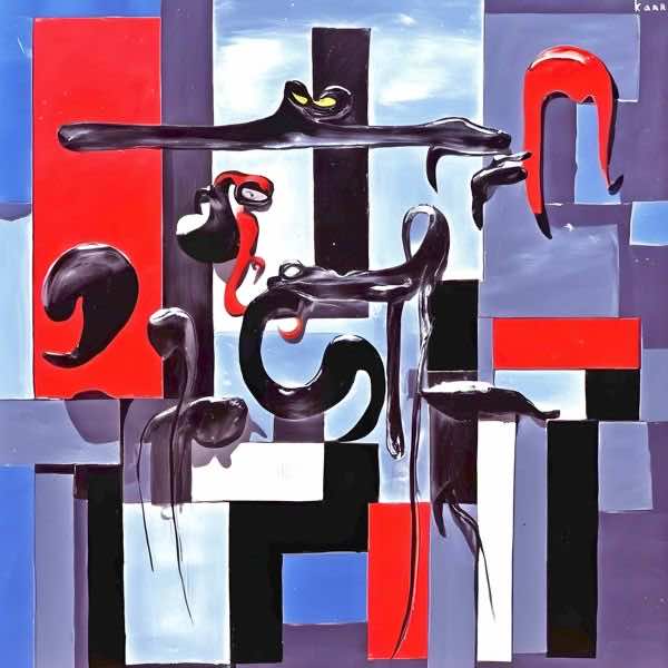 最初の商品画像がポスターの全体図です．2 番めの商品画像として中央部分の拡大図をのせています． 【GPT5/4o による解説】 (正確でない場合がありますので，ご注意ください.) この絵は，抽象表現主義とシュルレアリスムの影響を受けた作品の...