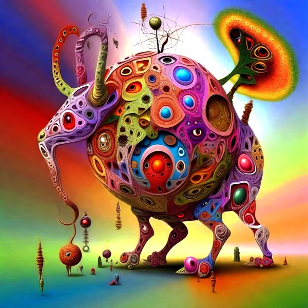 最初の商品画像がポスターの全体図です．2 番めの商品画像として中央部分の拡大図をのせています． 【GPT5/4o による解説】 (正確でない場合がありますので，ご注意ください.) 中央に丸くふくらんだ生き物のような形が立ち，表面は無数の穴や...