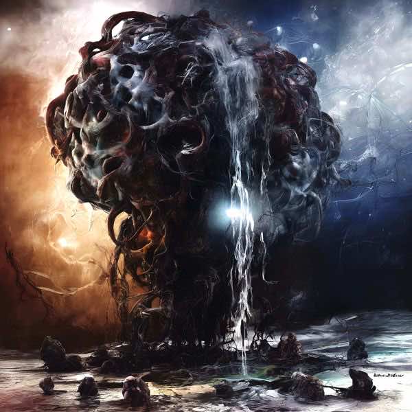 最初の商品画像がポスターの全体図です．2 番めの商品画像として中央部分の拡大図をのせています． 【GPT5/4o による解説】 (正確でない場合がありますので，ご注意ください.) 画面の中心には，根や血管のような線が絡み合ってできた塊がそび...