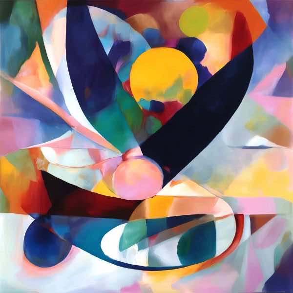 最初の商品画像がポスターの全体図です．2 番めの商品画像として中央部分の拡大図をのせています． 【GPT5/4o による解説】 (正確でない場合がありますので，ご注意ください.) 本作は，鮮烈な色彩と半透明の面が重なり合うことで，立体感と流...