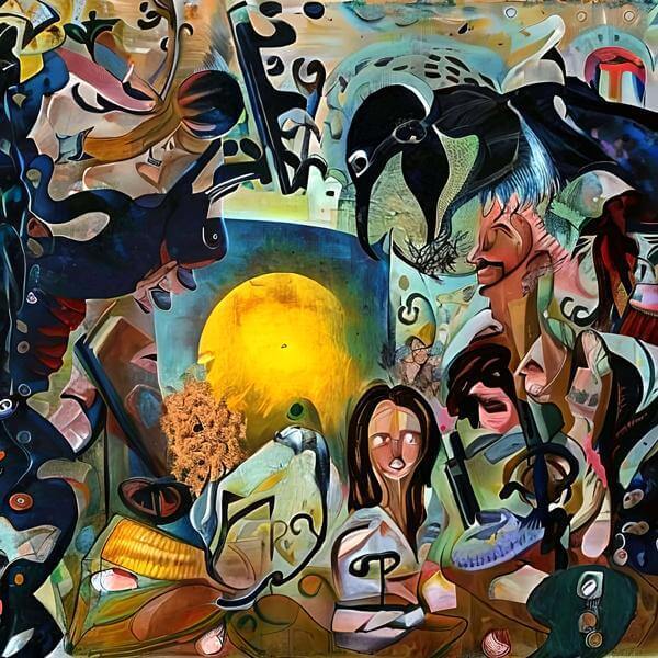 最初の商品画像がポスターの全体図です．2 番めの商品画像として中央部分の拡大図をのせています． 【GPT5/4o による解説】 (正確でない場合がありますので，ご注意ください.) 画面中央に太陽のような円が輝き，その周囲を鳥や人の顔，記号の...