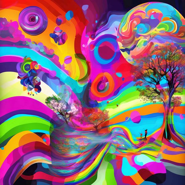 最初の商品画像がポスターの全体図です．2 番めの商品画像として中央部分の拡大図をのせています． 【GPT5/4o による解説】 (正確でない場合がありますので，ご注意ください.) この作品は鮮烈な虹色の波や渦巻く円形モチーフが広がる抽象風景...