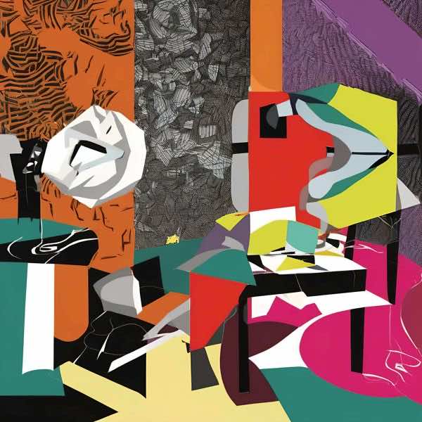 最初の商品画像がポスターの全体図です．2 番めの商品画像として中央部分の拡大図をのせています． 【GPT5/4o による解説】 (正確でない場合がありますので，ご注意ください.) この絵は，キュビズムや抽象表現主義の影響を受けた作品のように...