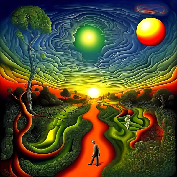 最初の商品画像がポスターの全体図です．2 番めの商品画像として中央部分の拡大図をのせています． 【GPT5/4o による解説】 (正確でない場合がありますので，ご注意ください.) この絵は，シュルレアリスムとサイケデリックアートの影響を受け...