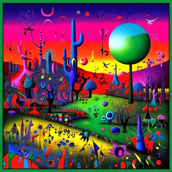 最初の商品画像がポスターの全体図です．2 番めの商品画像として中央部分の拡大図をのせています． 【GPT5/4o による解説】 (正確でない場合がありますので，ご注意ください.) この絵は，シュルレアリスムや抽象芸術の影響を強く受けているよ...