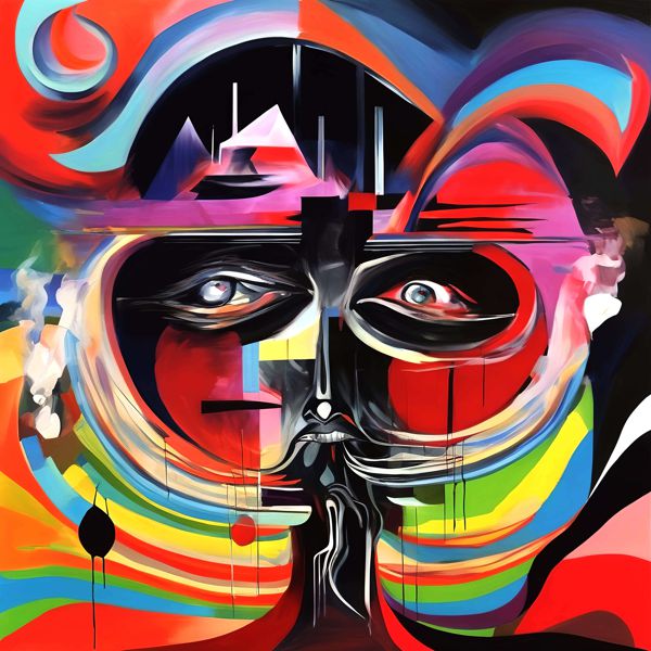 最初の商品画像がポスターの全体図です．2 番めの商品画像として中央部分の拡大図をのせています． 【GPT5/4o による解説】 (正確でない場合がありますので，ご注意ください.) 鮮烈な原色と大胆な曲線，三角や円弧が折り重なる幾何学的断片が...