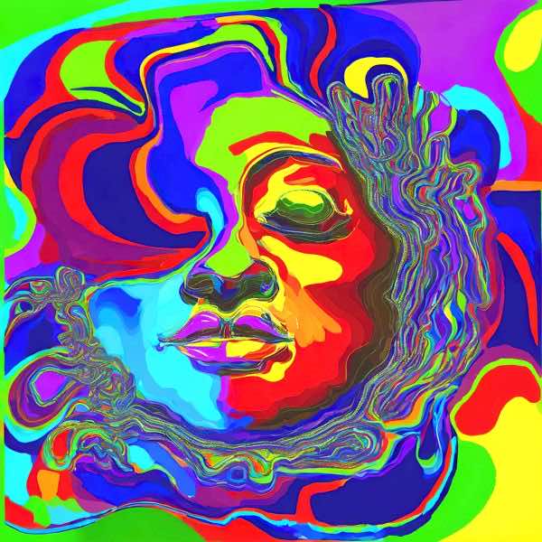 最初の商品画像がポスターの全体図です．2 番めの商品画像として中央部分の拡大図をのせています． 【GPT5/4o による解説】 (正確でない場合がありますので，ご注意ください.) この絵は，鮮やかな蛍光色が渦を巻くように重なり，人物の顔のよ...