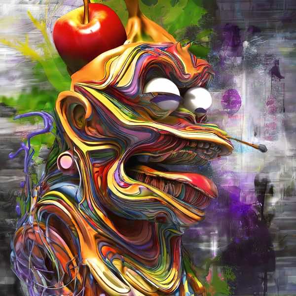 最初の商品画像がポスターの全体図です．2 番めの商品画像として中央部分の拡大図をのせています． 【GPT5/4o による解説】 (正確でない場合がありますので，ご注意ください.) この絵は横向きの人物像を，色の帯が幾重にも重なるようにして描...