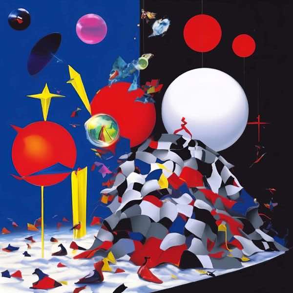 最初の商品画像がポスターの全体図です．2 番めの商品画像として中央部分の拡大図をのせています． 【GPT5/4o による解説】 (正確でない場合がありますので，ご注意ください.) 画面は左が青，右が黒に分かれ，境界の前に赤や白の円が浮かびま...