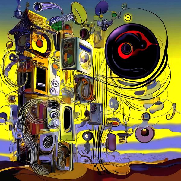 最初の商品画像がポスターの全体図です．2 番めの商品画像として中央部分の拡大図をのせています． 【GPT5/4o による解説】 (正確でない場合がありますので，ご注意ください.) この作品は鮮やかな黄と青のグラデーションを背景に，箱状のスピ...