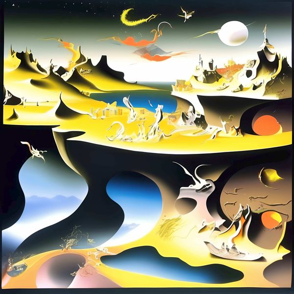 最初の商品画像がポスターの全体図です．2 番めの商品画像として中央部分の拡大図をのせています． 【GPT5/4o による解説】 (正確でない場合がありますので，ご注意ください.) この絵は黄と黒を基調に，滑らかなグラデーションで繋がる地形と...