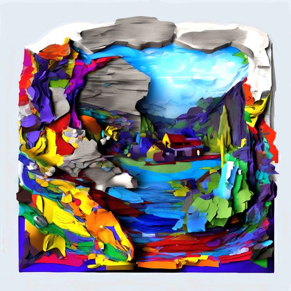 最初の商品画像がポスターの全体図です．2 番めの商品画像として中央部分の拡大図をのせています． 【GPT5/4o による解説】 (正確でない場合がありますので，ご注意ください.) 鮮烈な色彩と厚塗りの層が立体的に折り重なり，洞窟の縁越しに湖...