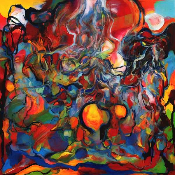 最初の商品画像がポスターの全体図です．2 番めの商品画像として中央部分の拡大図をのせています． 【GPT5/4o による解説】 (正確でない場合がありますので，ご注意ください.) 画面全体を満たすうねりは，炎と水がせめぎ合うような運動を生み...