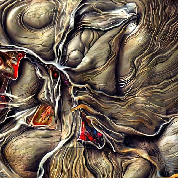 最初の商品画像がポスターの全体図です．2 番めの商品画像として中央部分の拡大図をのせています． 【GPT5/4o による解説】 (正確でない場合がありますので，ご注意ください.) この絵は，シュルレアリスムや抽象表現主義の影響を受けた作品の...