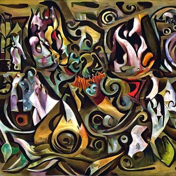 最初の商品画像がポスターの全体図です．2 番めの商品画像として中央部分の拡大図をのせています． 【GPT5/4o による解説】 (正確でない場合がありますので，ご注意ください.) この絵は，キュビズムやシュルレアリスムの影響を受けた作品のよ...