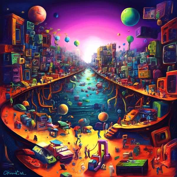 最初の商品画像がポスターの全体図です．2 番めの商品画像として中央部分の拡大図をのせています． 【GPT5/4o による解説】 (正確でない場合がありますので，ご注意ください.) 画面中央にまっすぐ伸びる運河が奥へ奥へと消え，強い遠近法で視...