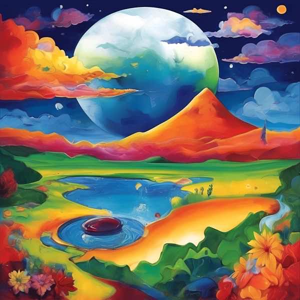 最初の商品画像がポスターの全体図です．2 番めの商品画像として中央部分の拡大図をのせています． 【GPT5/4o による解説】 (正確でない場合がありますので，ご注意ください.) この絵は，幻想的で超現実的な風景を描いており，色彩の豊かさと...